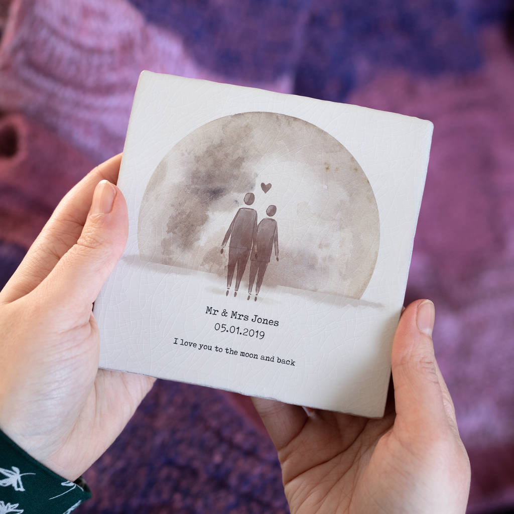 Personalised Romantic Couple And Moon Ceramic Tile– Drifting Bear Co.